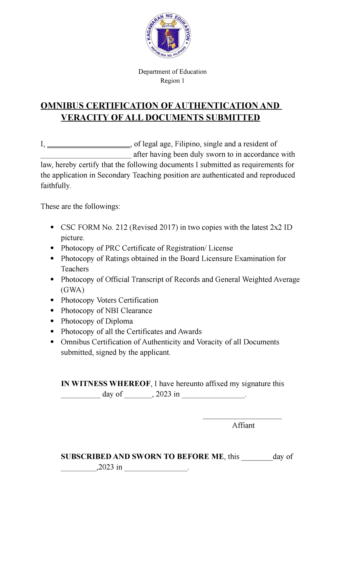 Omnibus - Department of Education Region 1 OMNIBUS CERTIFICATION OF ...