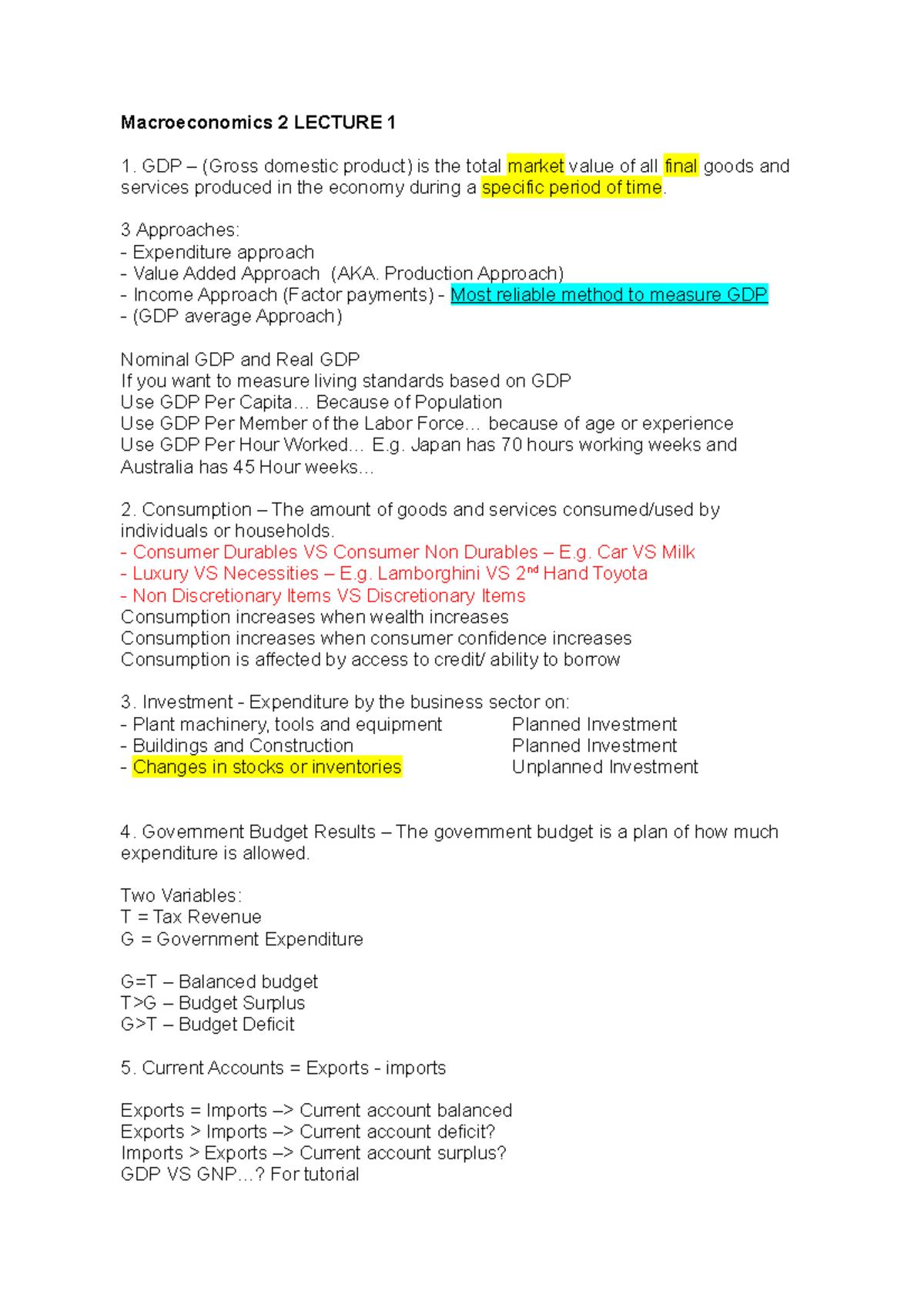 Macroeconomics 2 - Lecture Notes - Macroeconomics 2 LECTURE 1 GDP ...