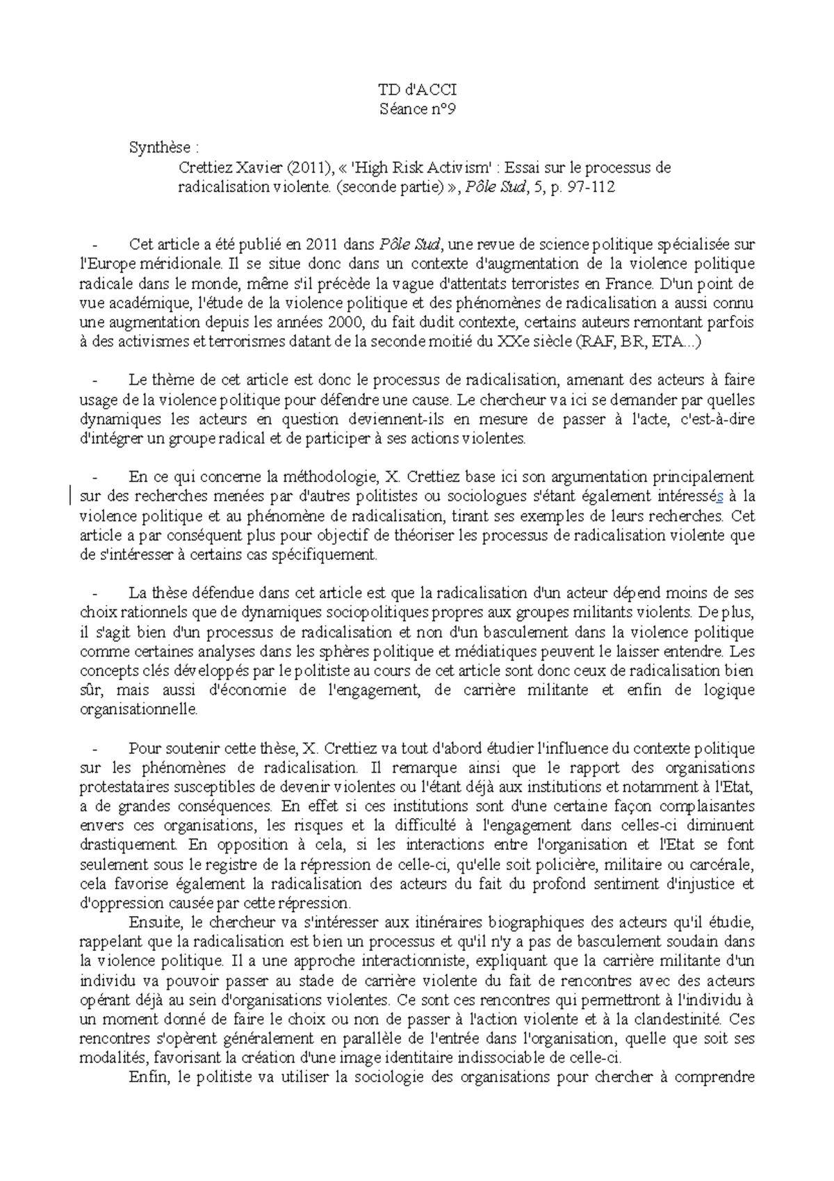 Exemple de synthèse - eaeaeea - TD d'ACCI Séance n° Synthèse : Crettiez ...