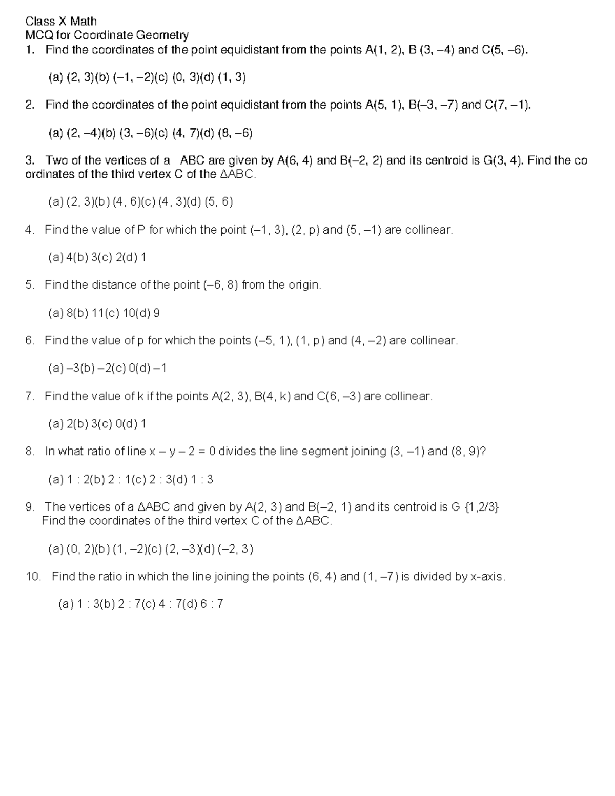 Co - ordinate geometery - Class X Math MCQ for Coordinate Geometry Find ...