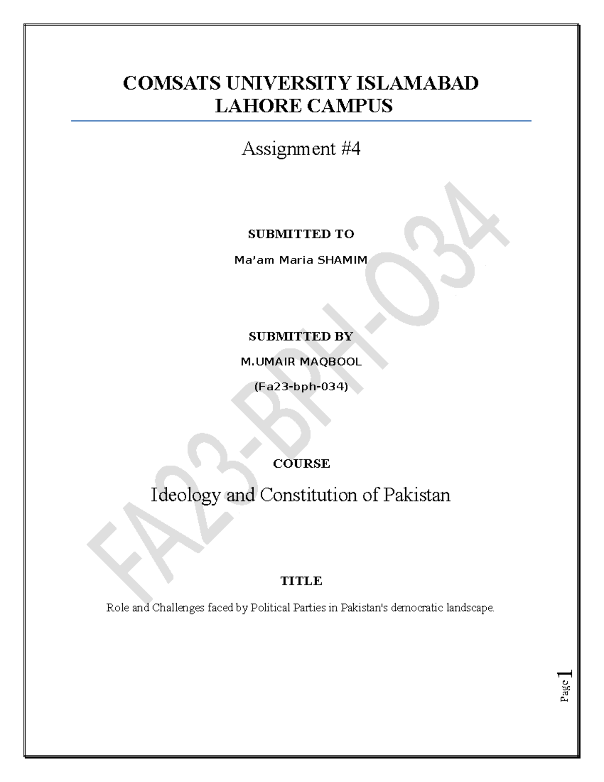 Assignment 4, Political Parties in Pakistan, - 1 COMSATS UNIVERSITY ...