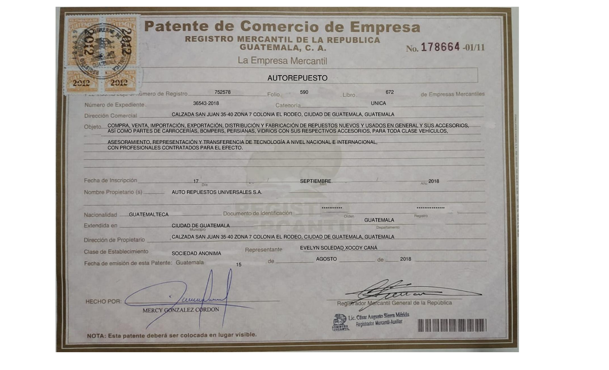 Patentes - AUTOREPUESTO 752578 590 672 36543 - 2018 UNICA CALZADA SAN ...