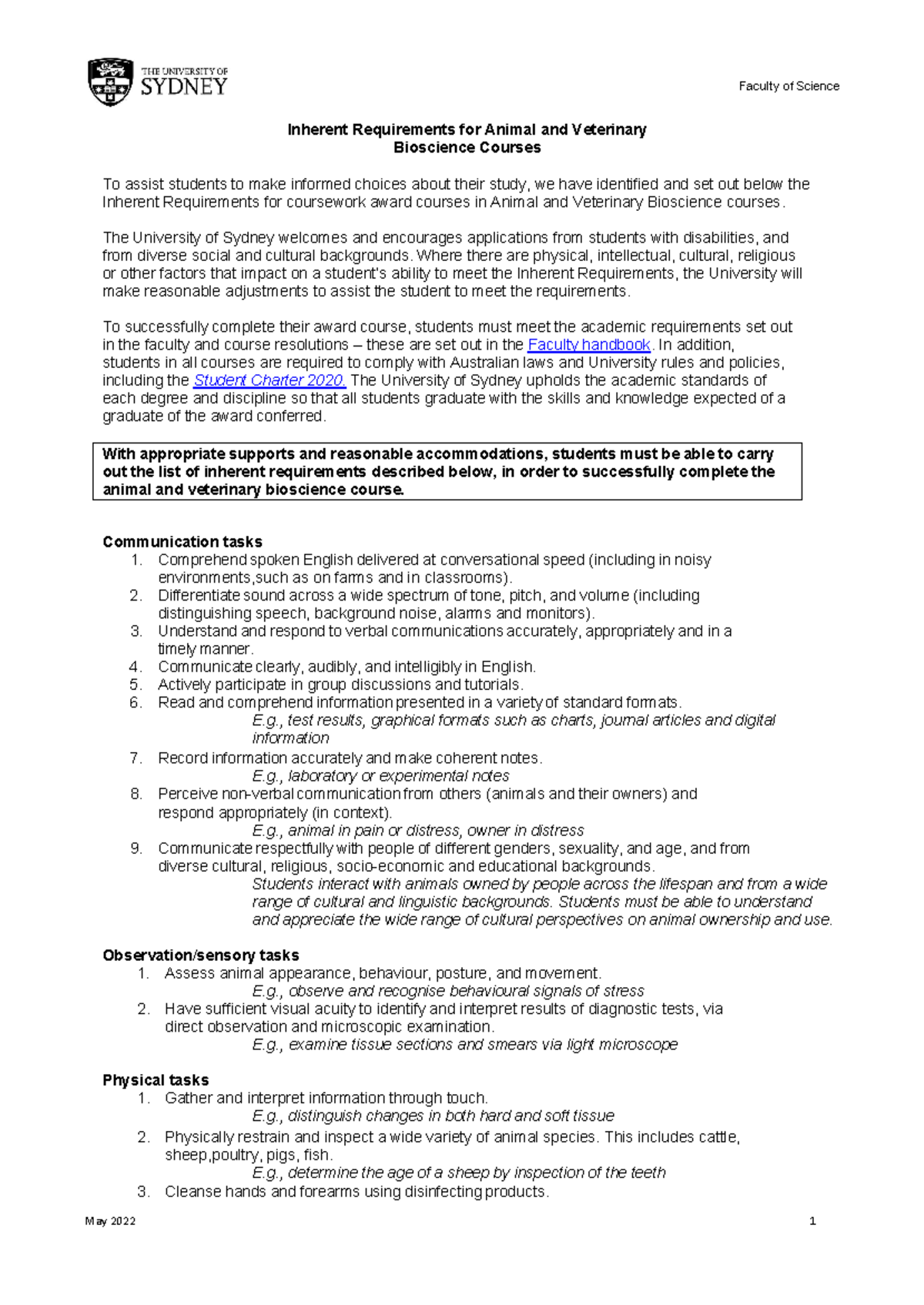 Animal science inherent requirements - Inherent Requirements for Animal ...