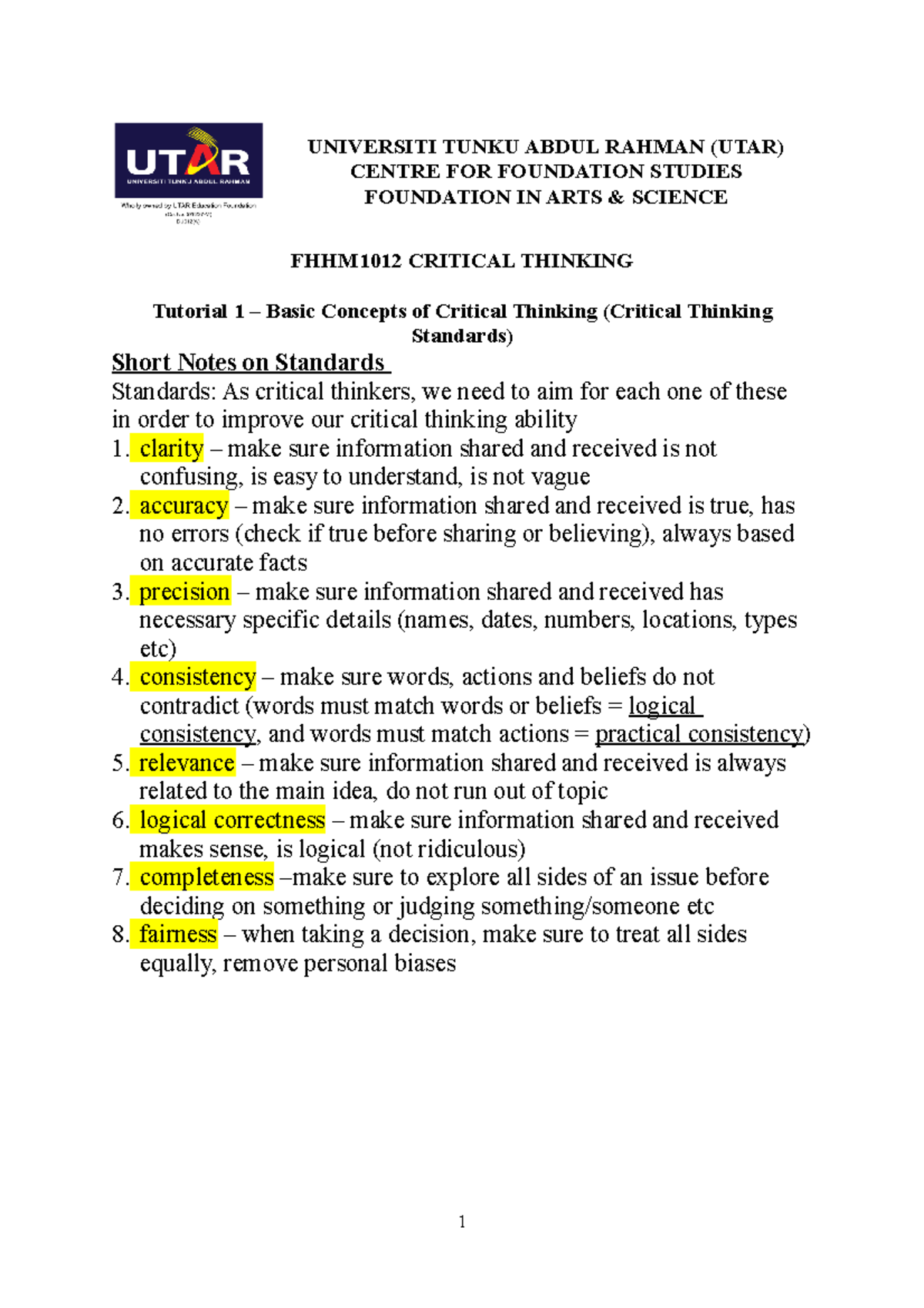 Tutorial Guide Question - UNIVERSITI TUNKU ABDUL RAHMAN (UTAR) CENTRE ...