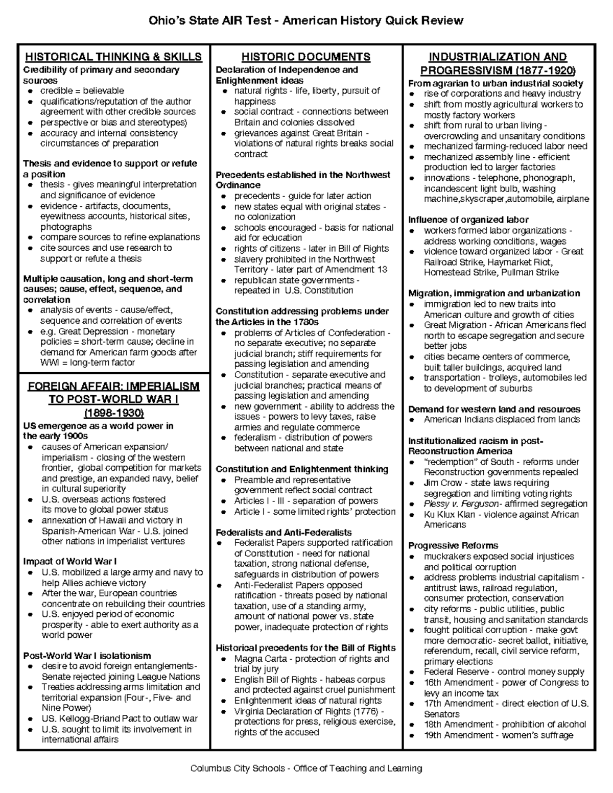 American History Quick Review - Ohio’s State AIR Test - American ...