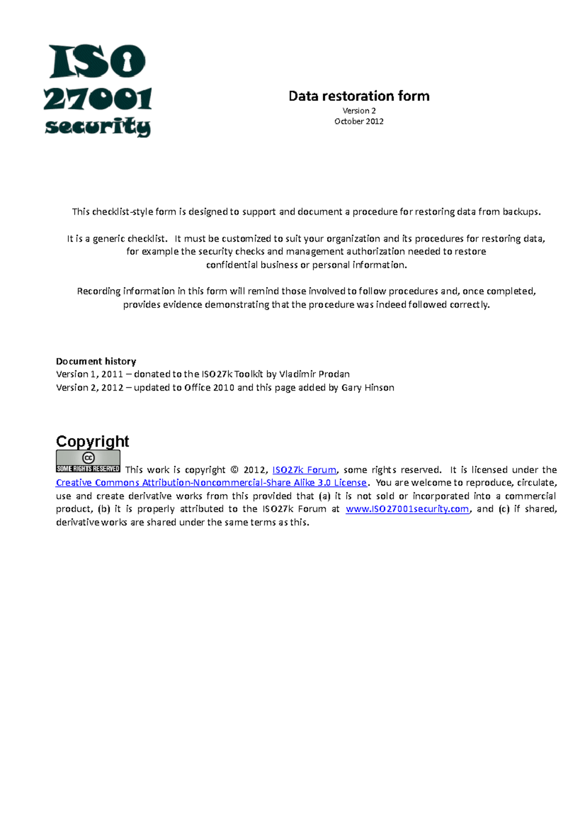 ISO27k Data restoration form - Data restoration form Version 2 October ...