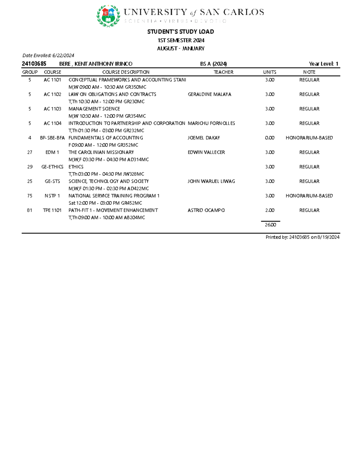 Student Study Load - 1ST SEMESTER 2024 STUDENT'S STUDY LOAD AUGUST ...