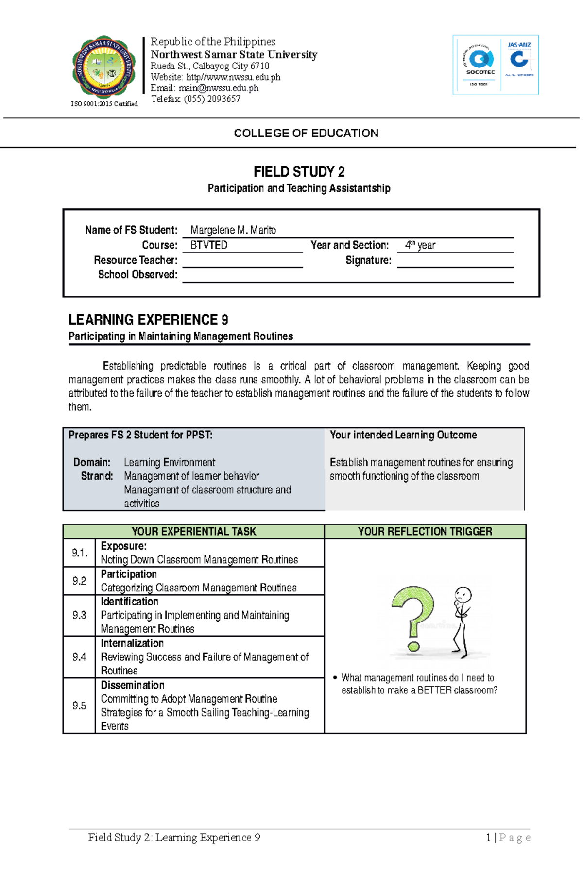 Editable Worksheet FS 2 Learning Experience 9 - COLLEGE OF EDUCATION ...