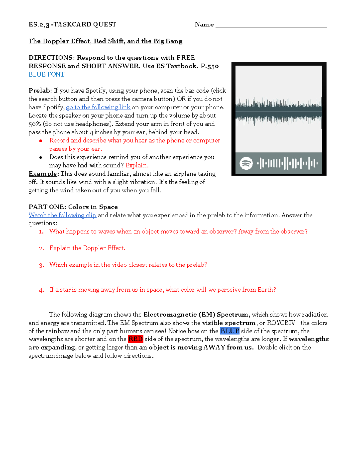 ES - doppler effect and redshift - ES,3 -TASKCARD QUEST Name ...