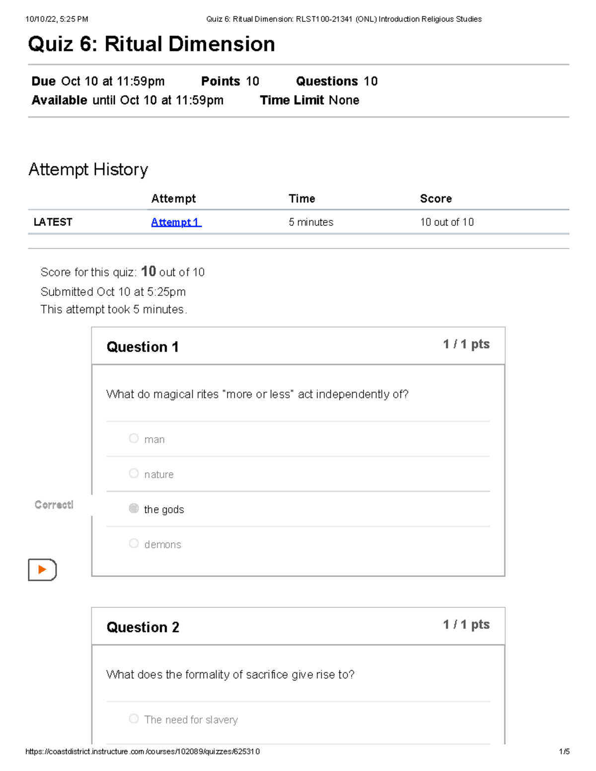 Quiz 6 Ritual Dimension RLST100-21341 ONL Introduction Religious ...