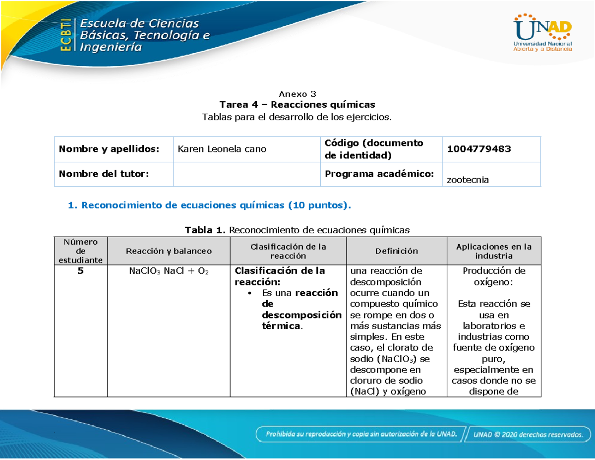 Anexo 3 quimica - cbhsdfdkjsmnhj - Anexo 3 Tarea 4 – Reacciones químicas Tablas para el ...