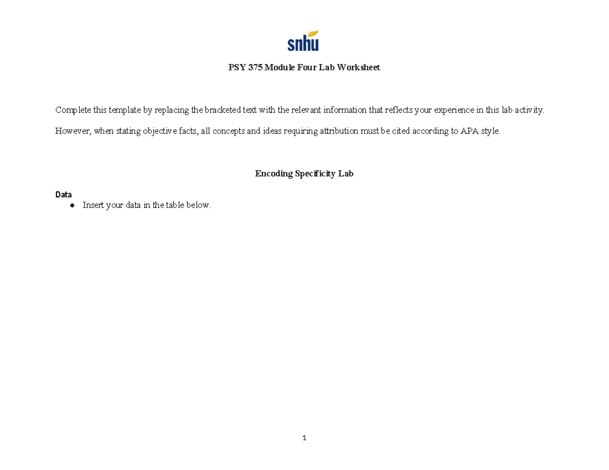 PSY 375 Module Four Lab Worksheet Tammie Harker - PSY 375 Module Four ...