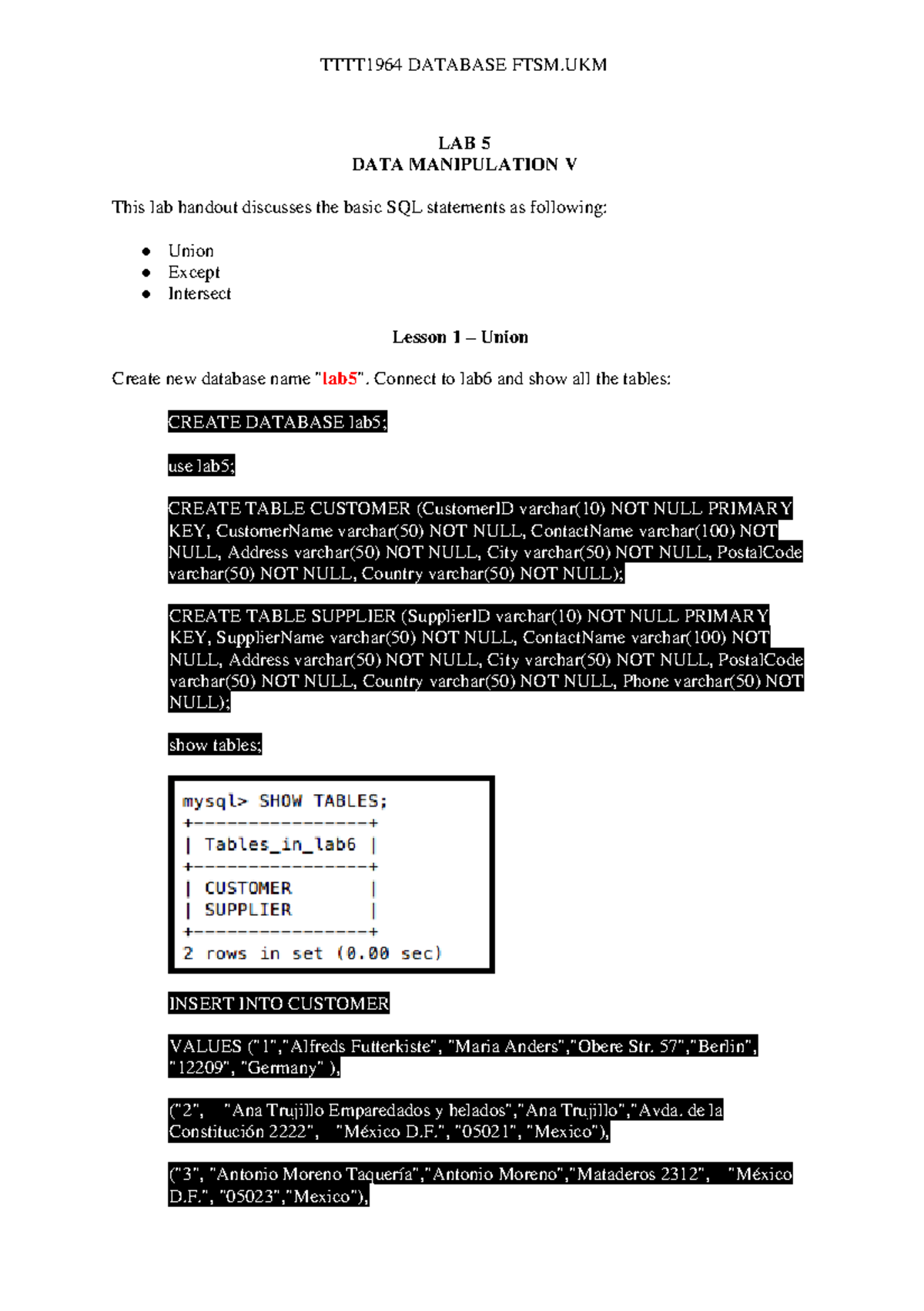 TT1964 LAB 5 Previin Raaj A194943 - TTTT1964 DATABASE FTSM LAB 5 DATA MANIPULATION V This lab ...