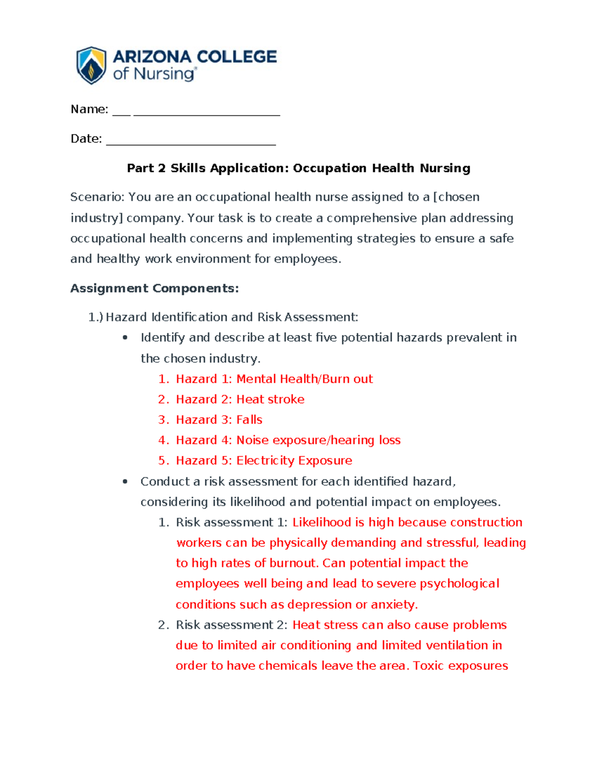 Virtual Skills Lab Part 2 occupational health - Name ...