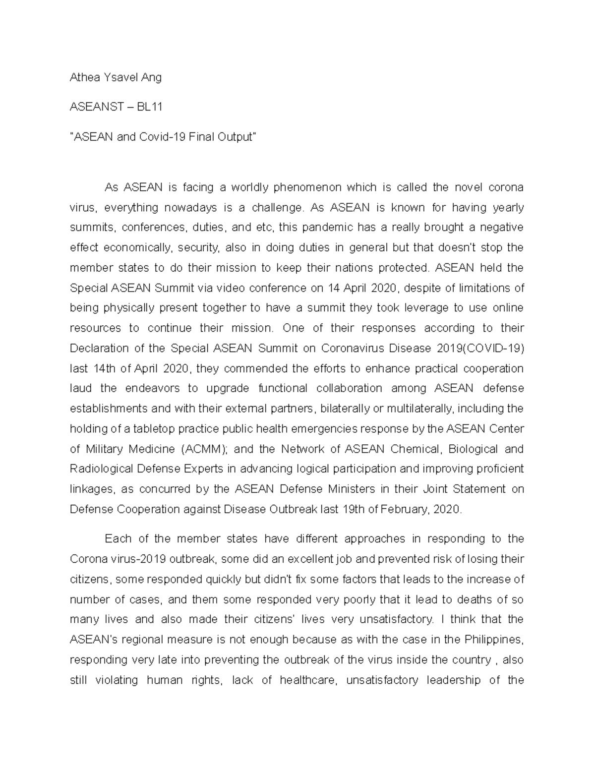 ANG Final Output Asean and Covid-19 - Athea Ysavel Ang ASEANST – BL ...
