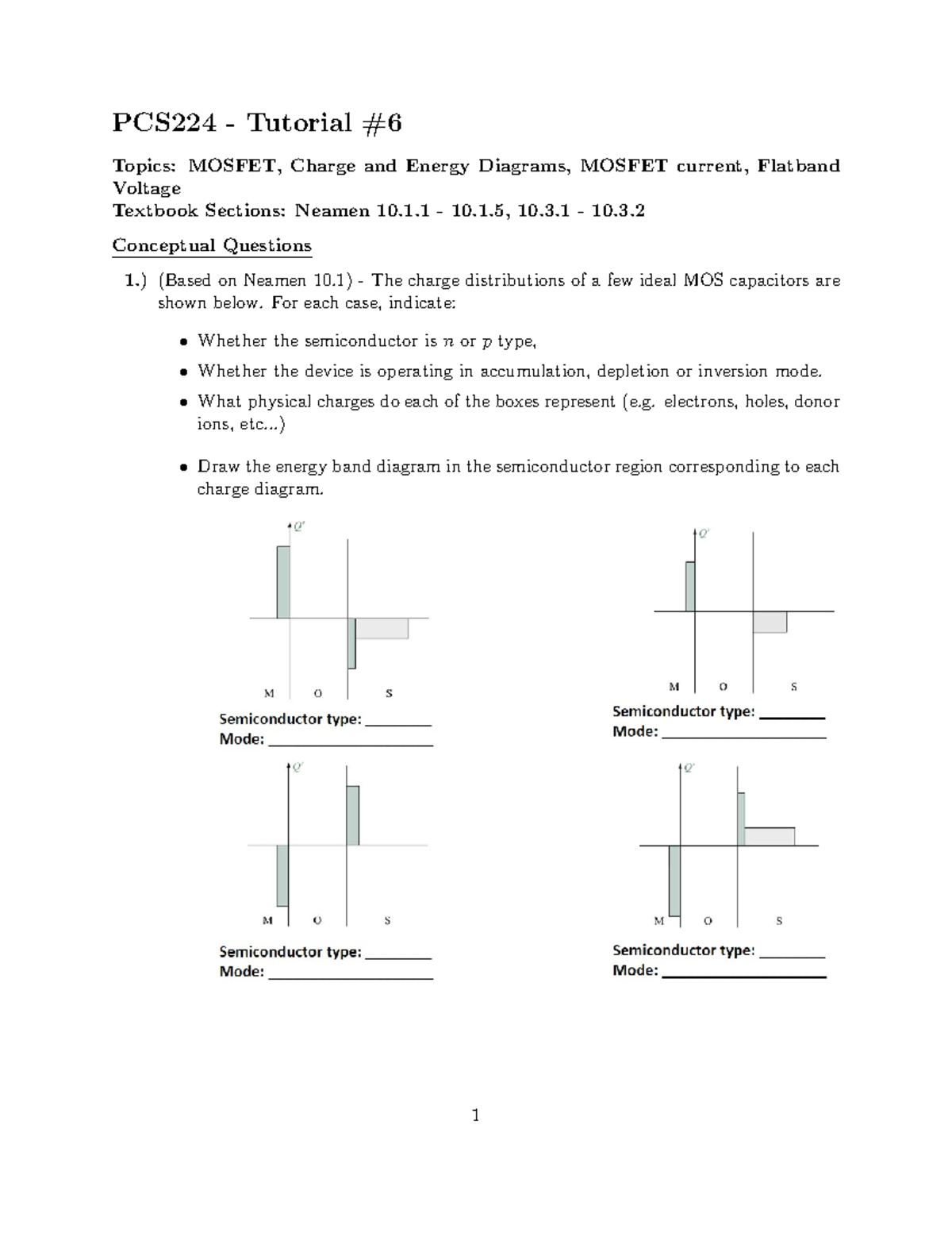 PCS224 Tut6 - Tutorial 6 - PCS224 - Tutorial Topics: MOSFET, Charge and ...