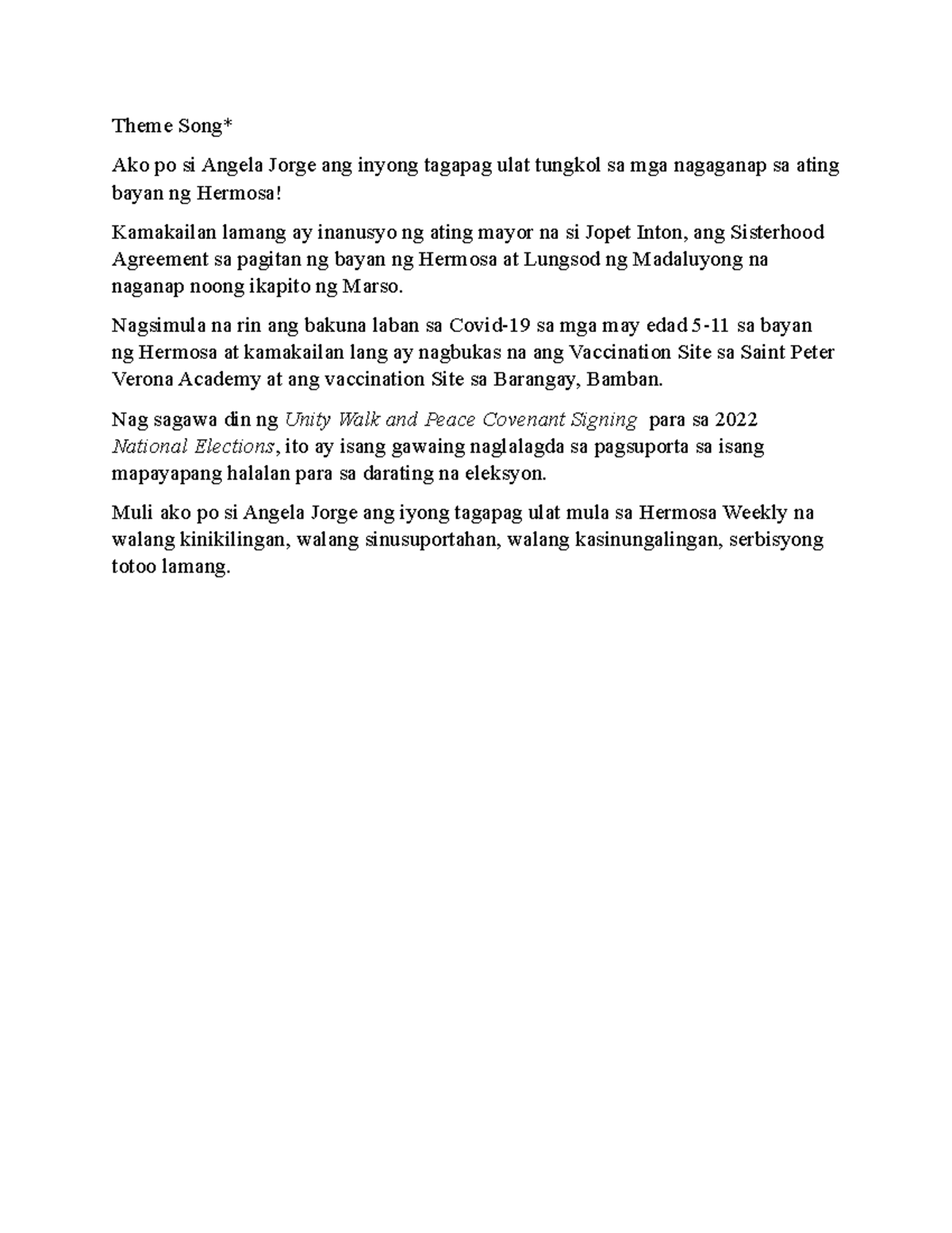 Balita script in Filipino - Theme Song* Ako po si Angela Jorge ang ...