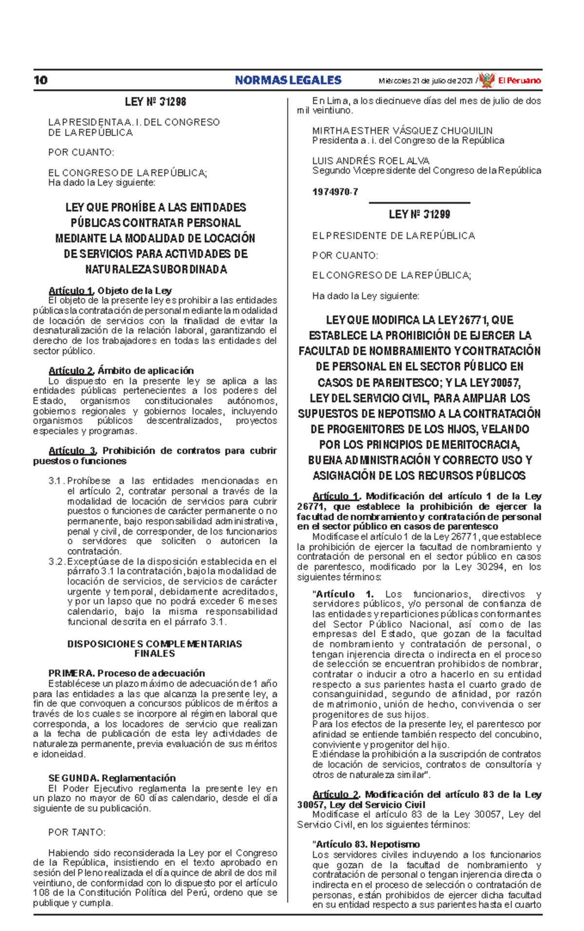 LEY 31298, Prohibicion DE Contratacion DE Locadores - 10 NORMAS LEGALES ...