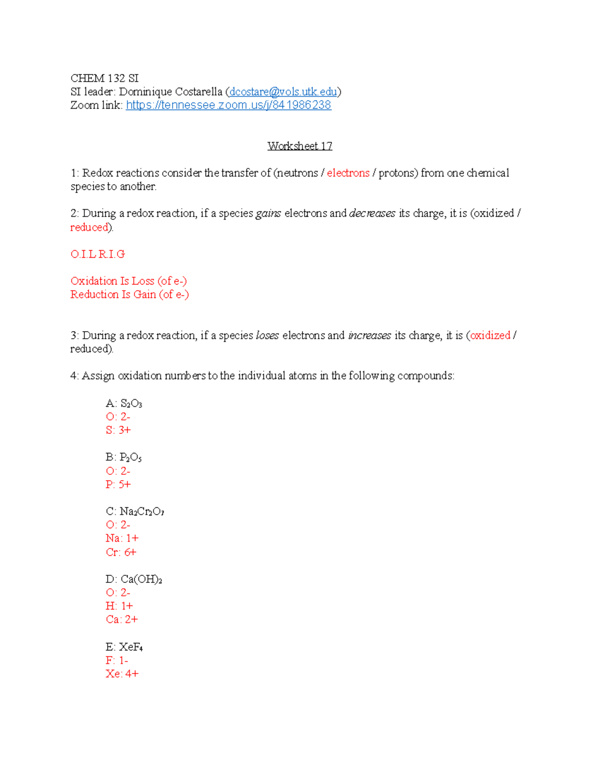 CHEM 132 SI - Worksheet 17 (key)-1 - CHEM 132 SI SI leader: Dominique ...