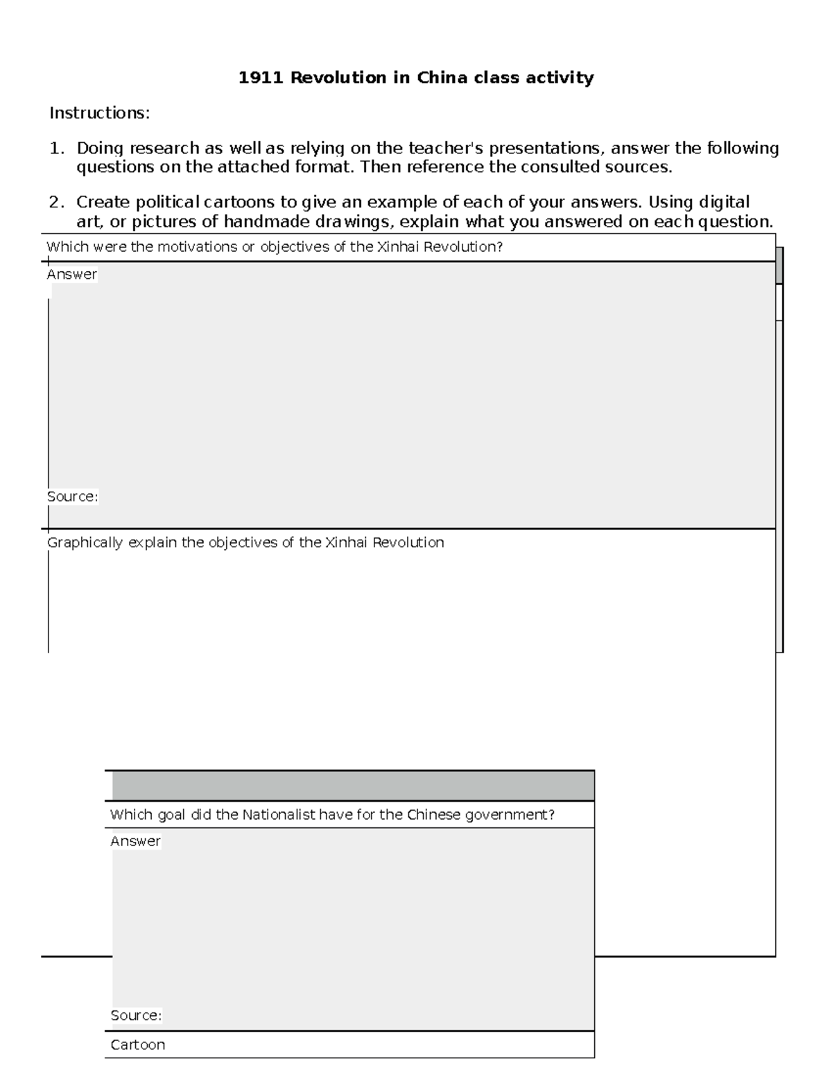 1911 Chinese Revolution Activity - 1911 Revolution in China class ...