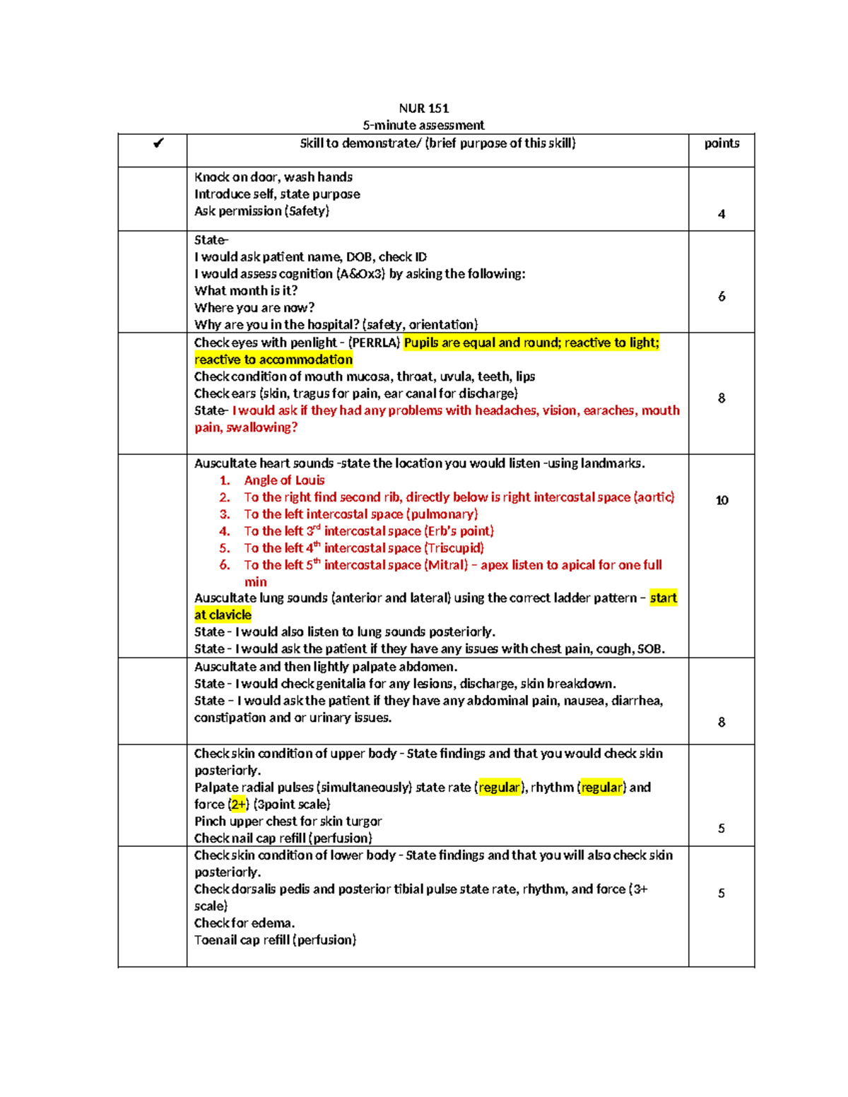 5-Minute Assessment with manikin - NUR 151 5-minute assessment Skill to ...
