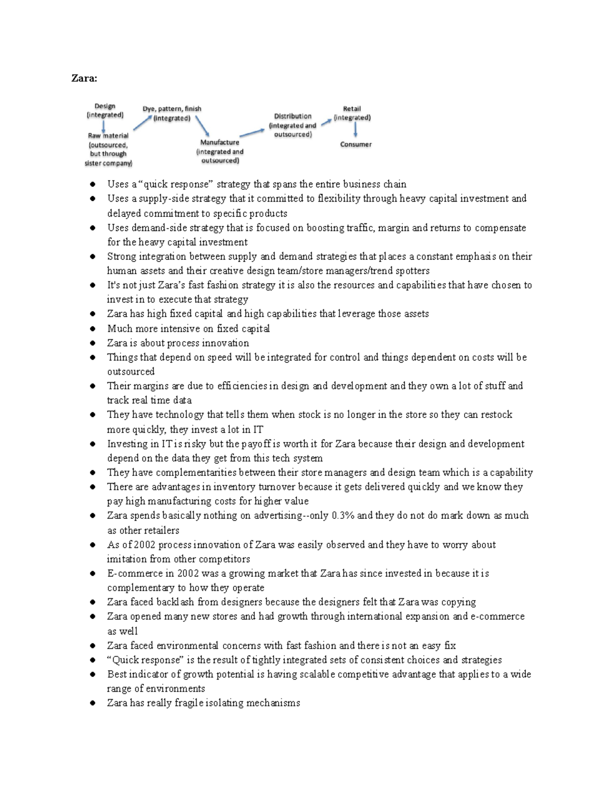 STRA Exam 3 Cases - Zara: Uses a “quick response” strategy that spans ...