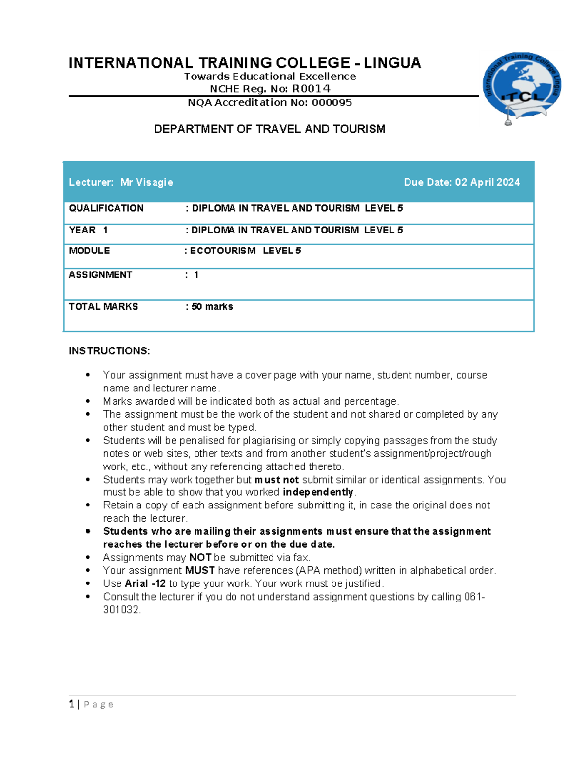 Eco Tourism Assignment One - INTERNATIONAL TRAINING COLLEGE - LINGUA ...