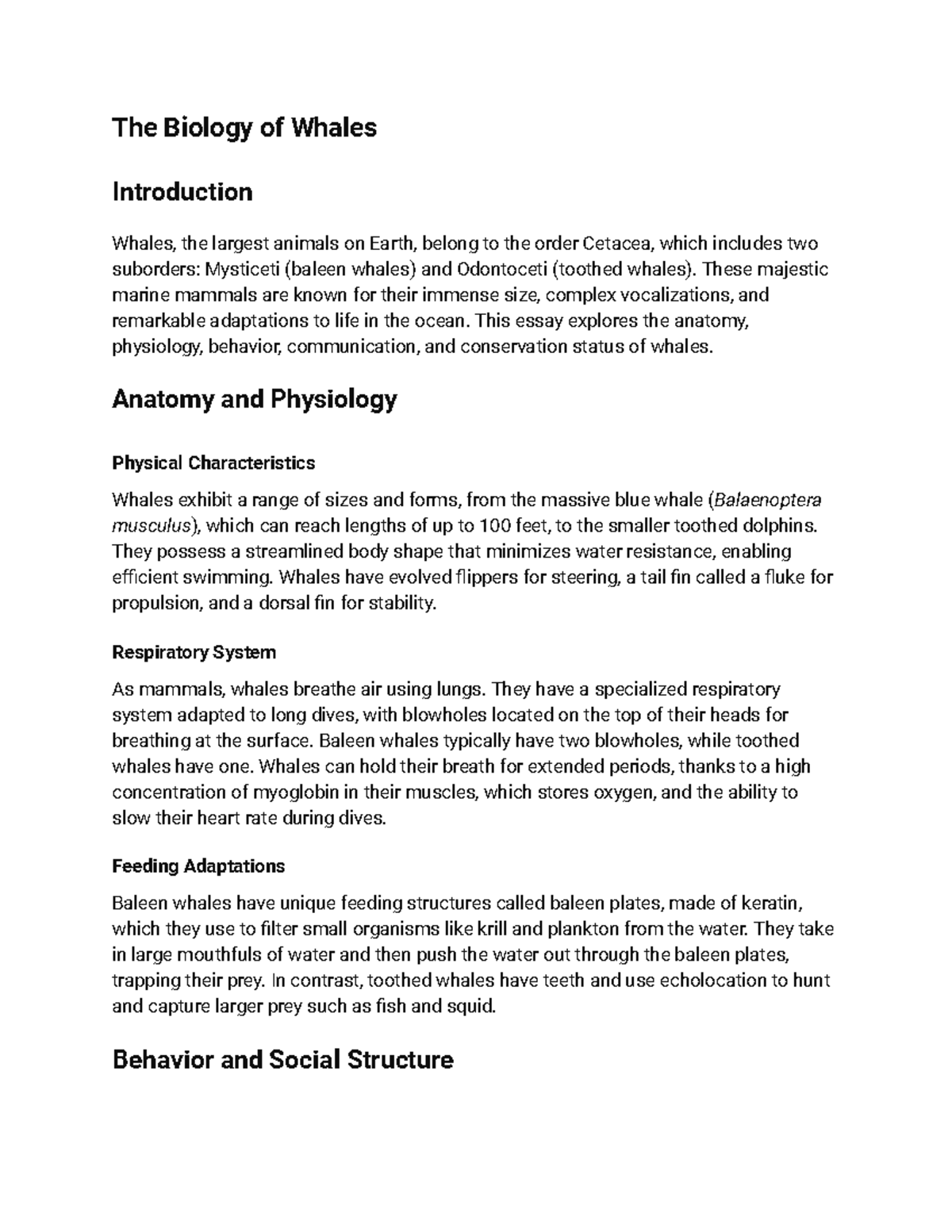 Biology of Whales - The Biology of Whales Introduction Whales, the ...