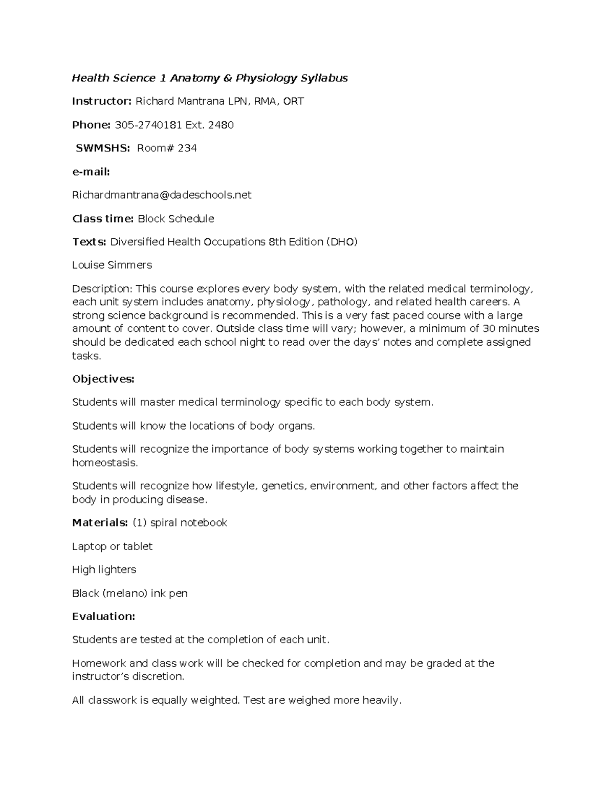 Health Science 1 Syllabus 2 - Health Science 1 Anatomy & Physiology ...