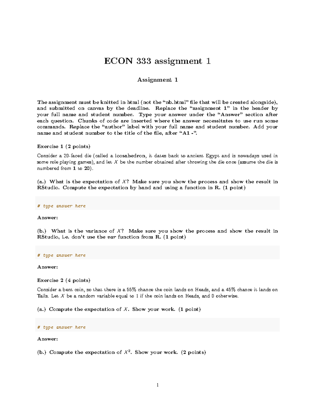 A1 - Thomas Assignments - ECON 333 assignment 1 Assignment 1 The ...