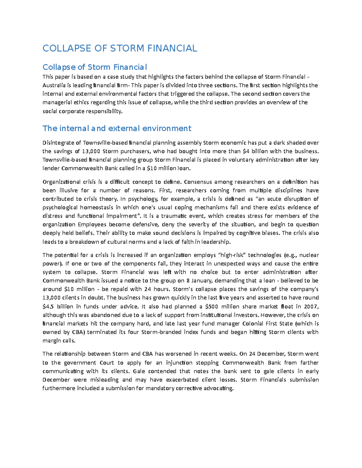 Collapse OF Storm Financial - COLLAPSE OF STORM FINANCIAL Collapse of ...