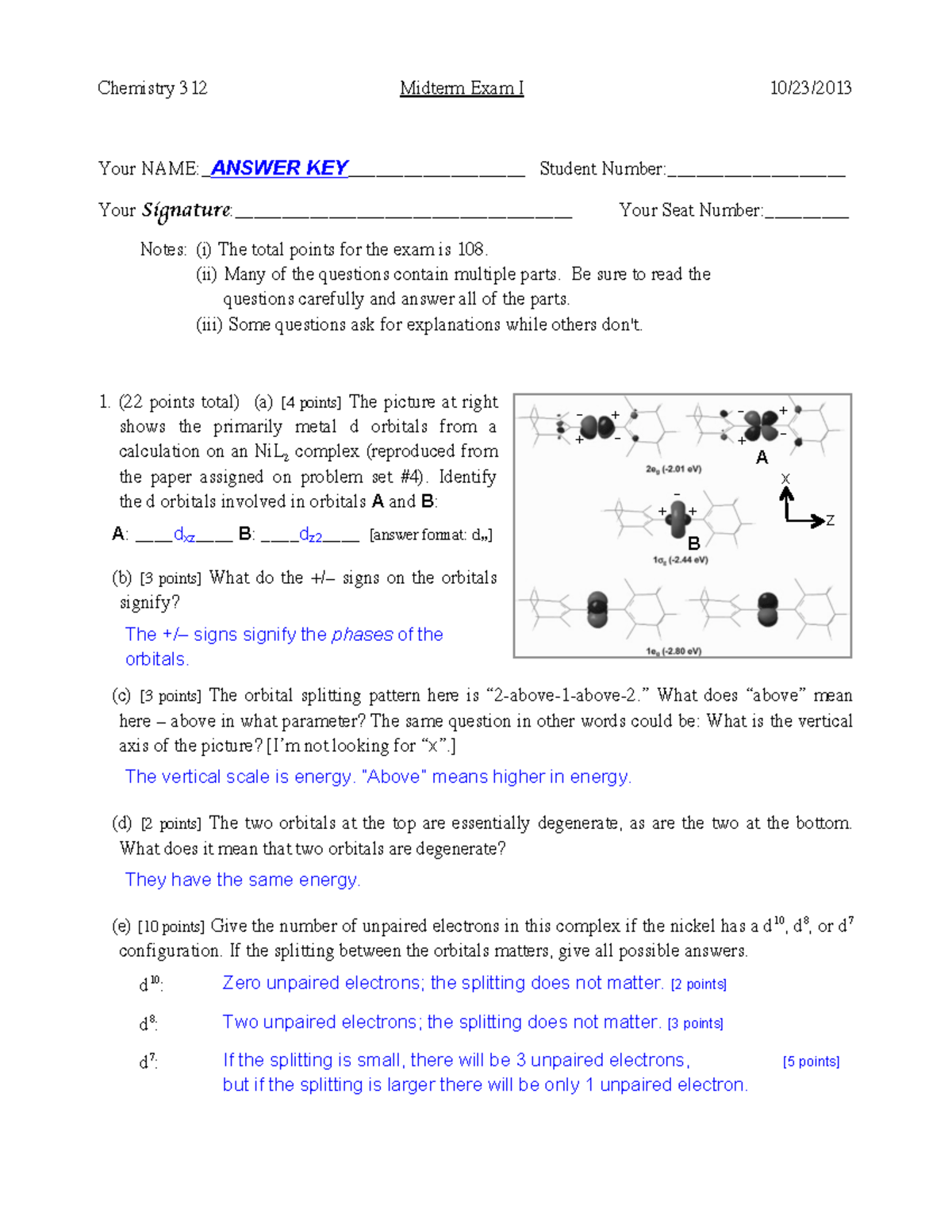 Chem312 Au13 Midterm Exam 1 (10-23-13) Answer Key corrected - Chemistry ...