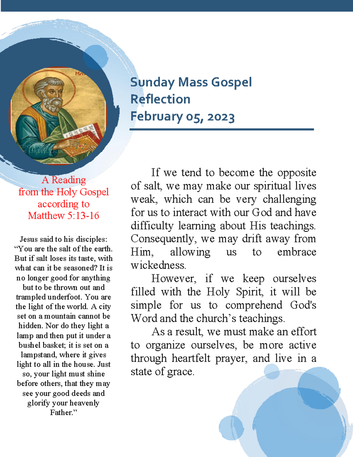 February 05 Sunday Mass Gospel Reflection - A Reading from the Holy ...