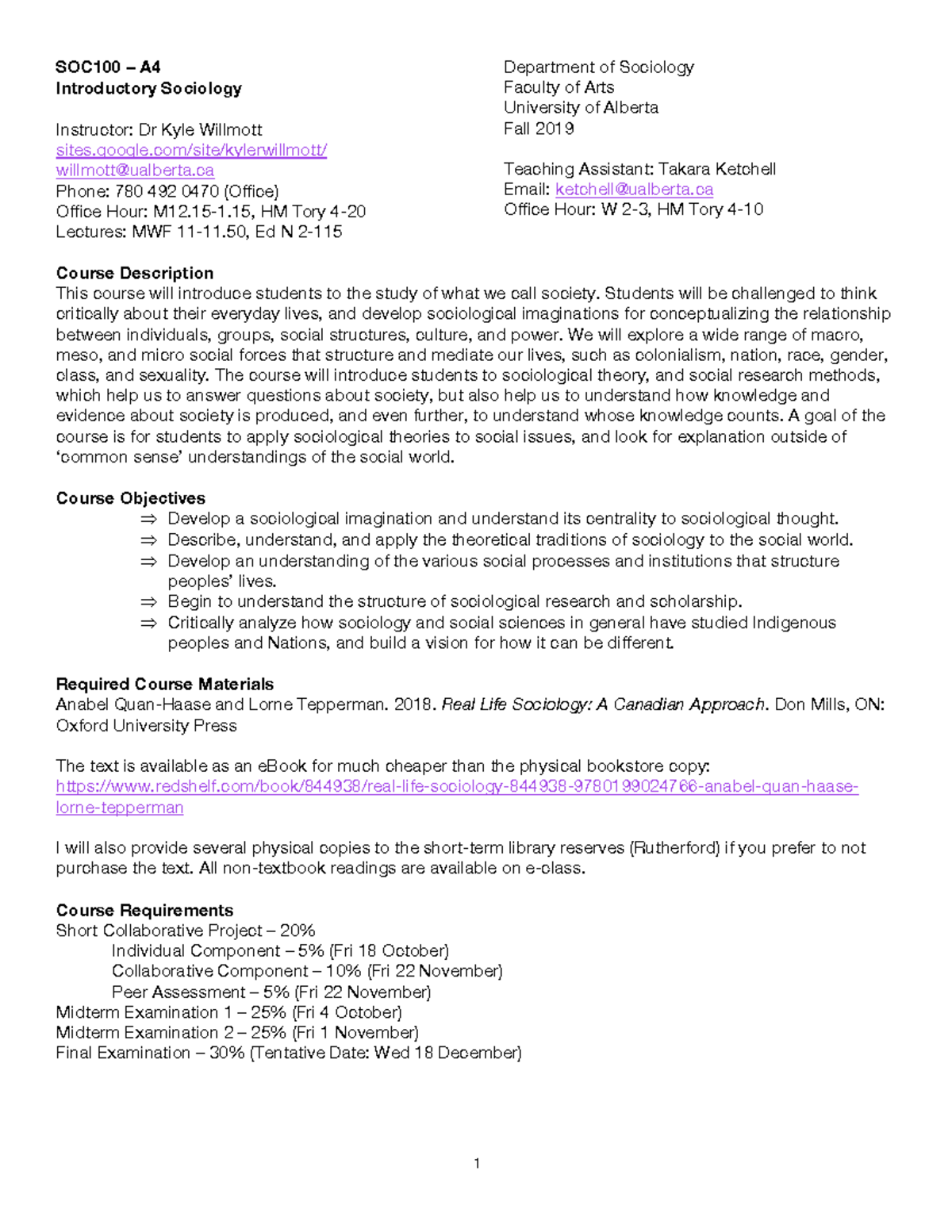 2019 Fall SOC 100 Lecture A4 - SOC100 – A Introductory Sociology ...