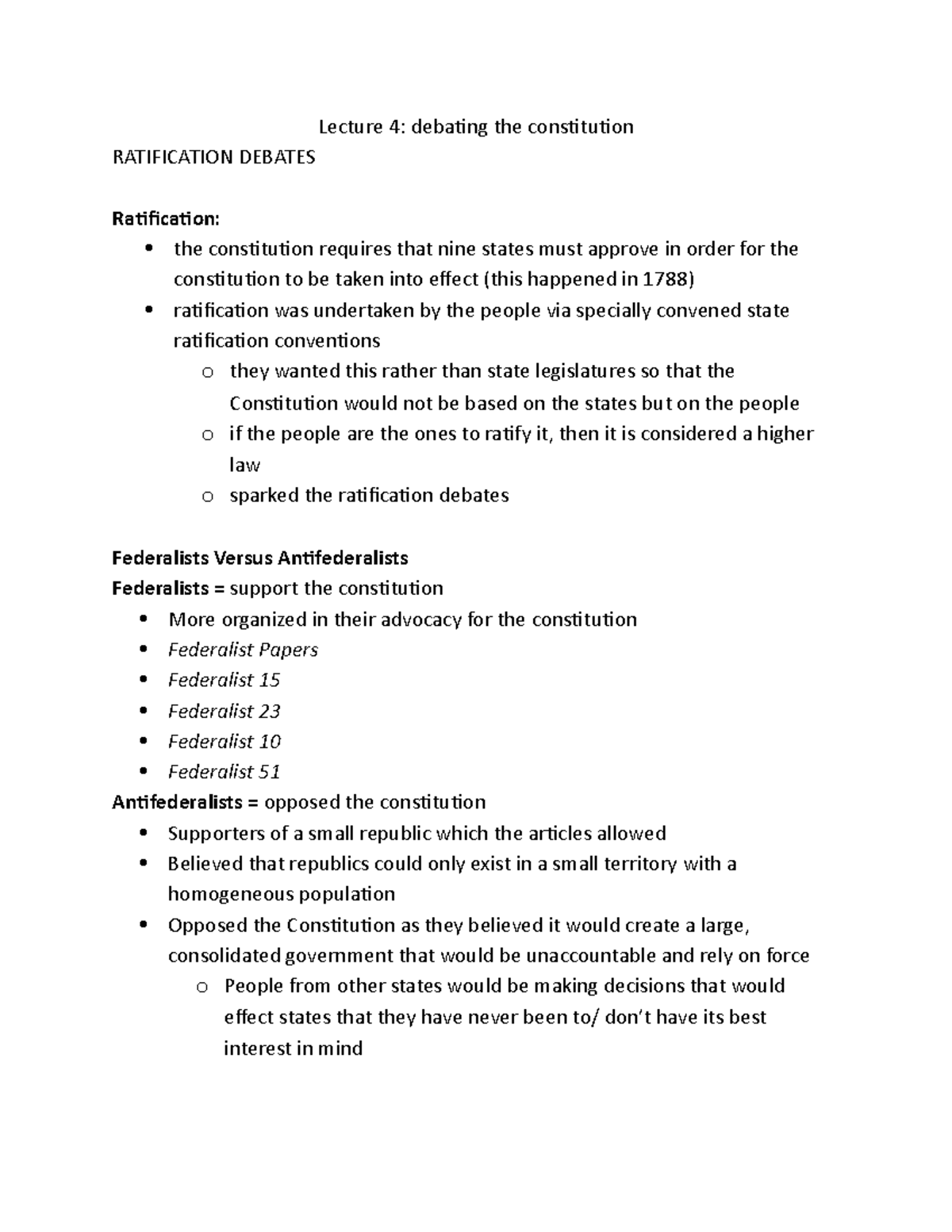 Political Science Lecture 4 - Lecture 4: debating the constitution ...