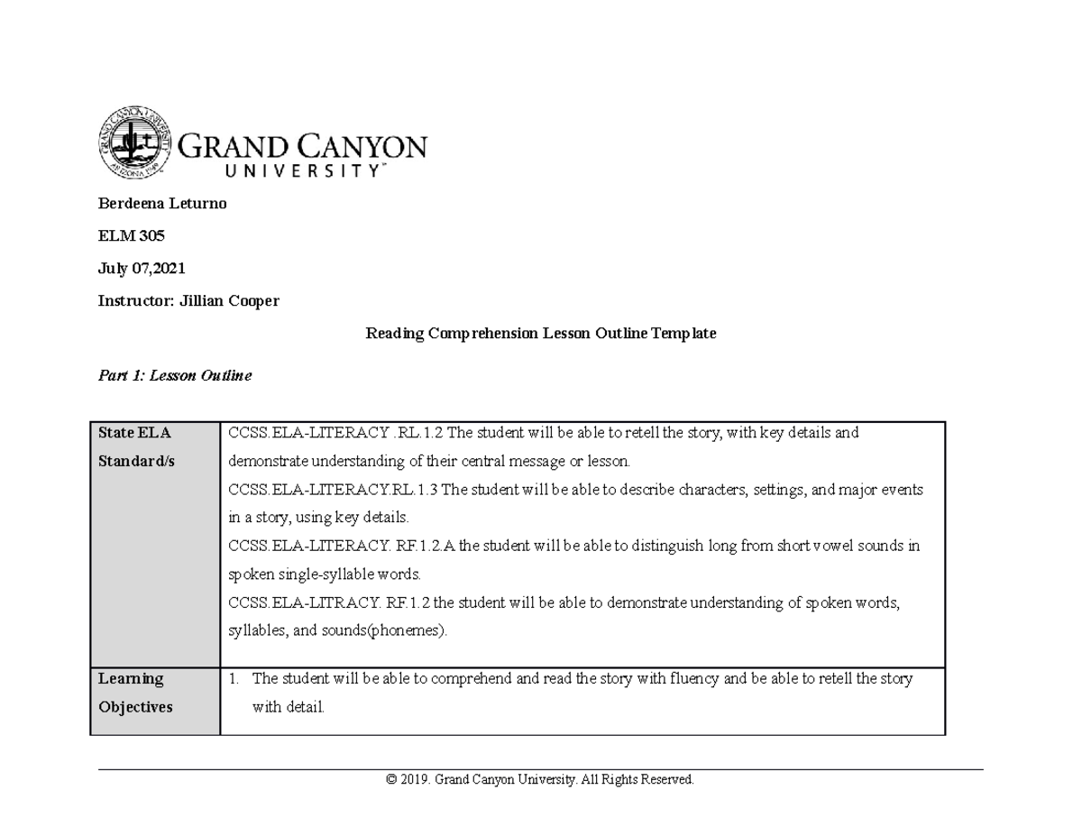 ELM-305-D-T7-B-Reading Comprehension Lesson Outline Template benchmark ...