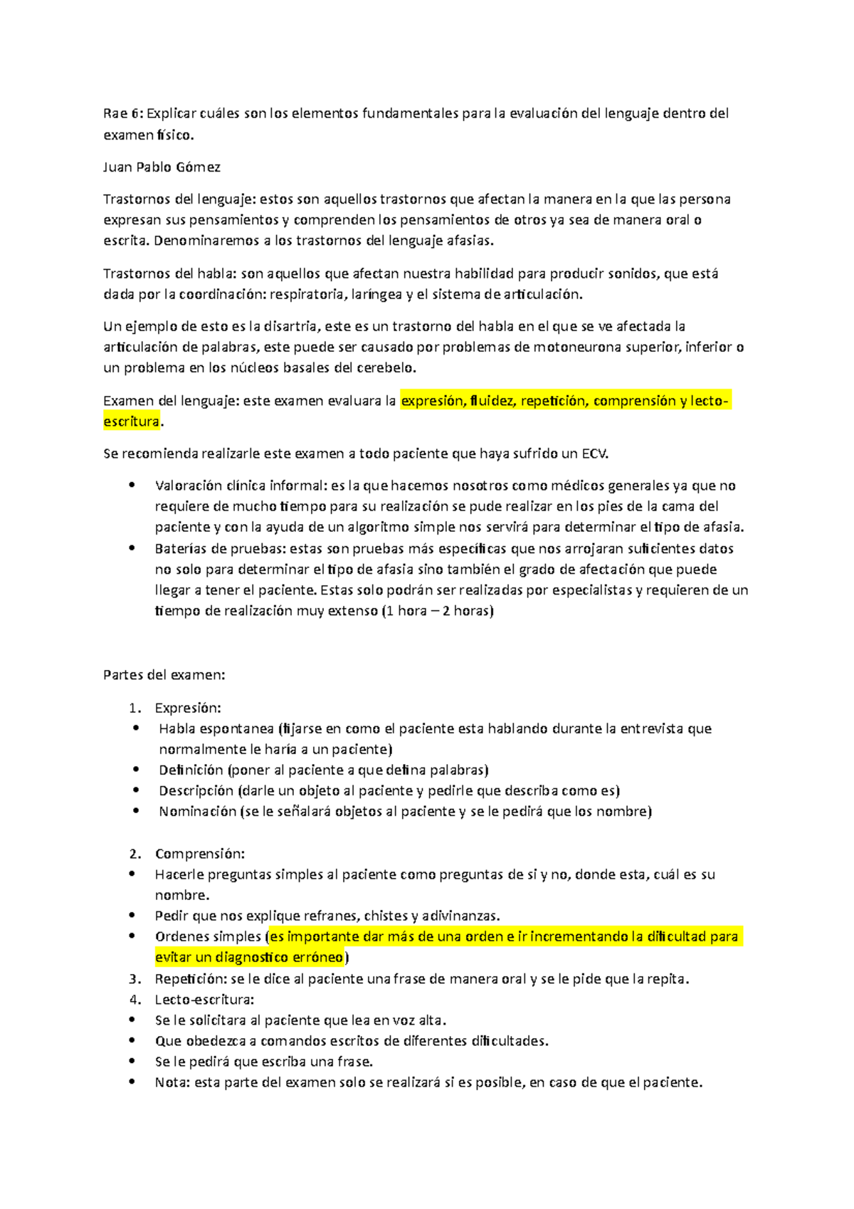 Resumen RAE 6 - rae 6 trastornos del lenguaje - Rae 6: Explicar cuáles ...