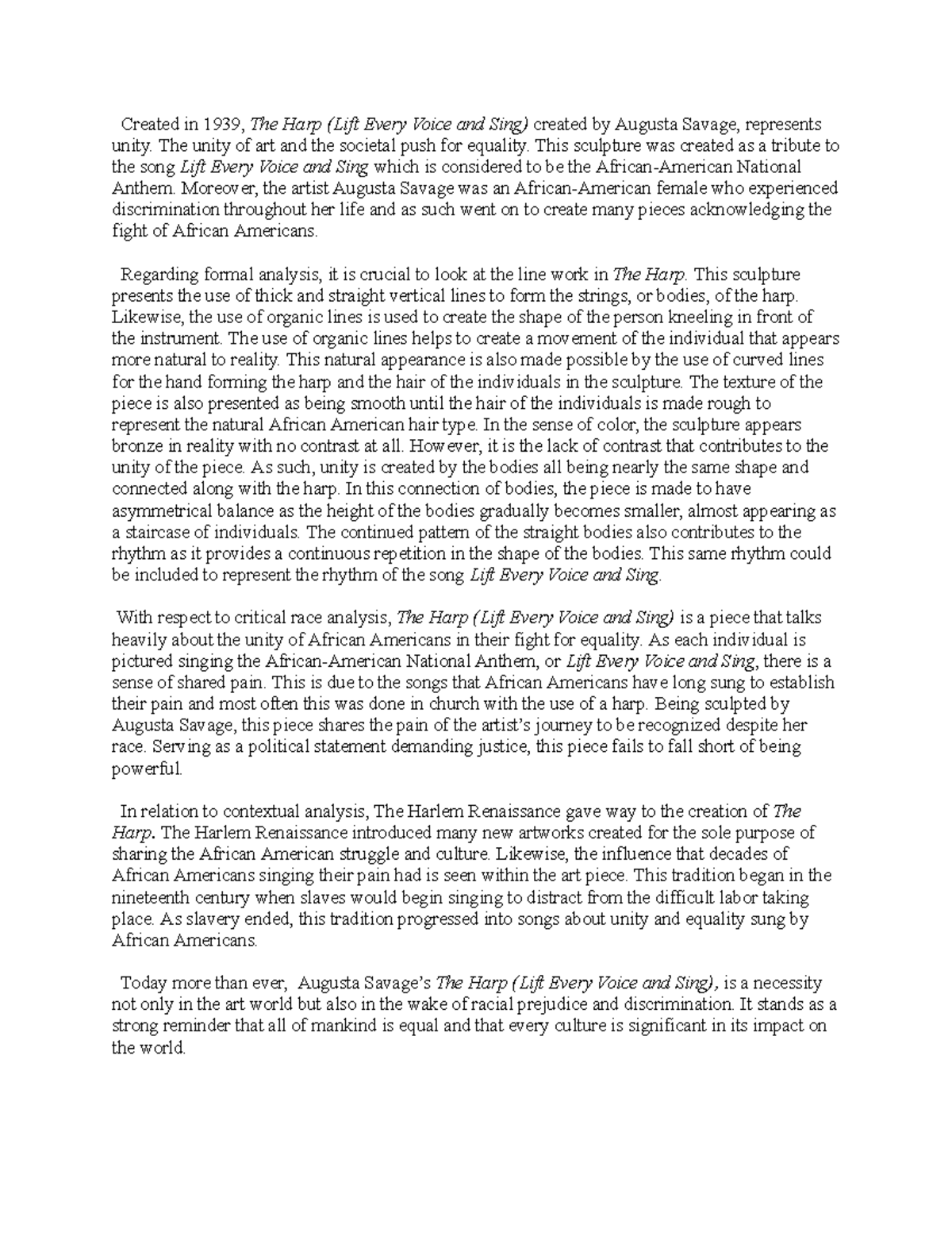 Art Appreciation (ARTS 1301) Essay Analysis 2: "The Harp: Lift Every ...