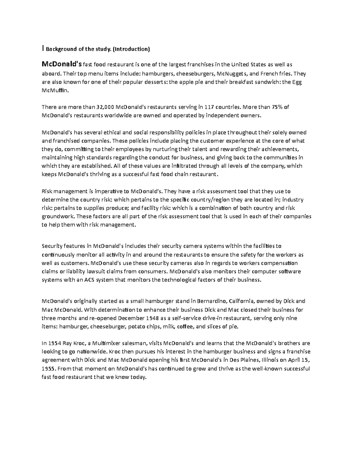 Businessplan(Mc Do) - simple businessplan - I Background of the study ...