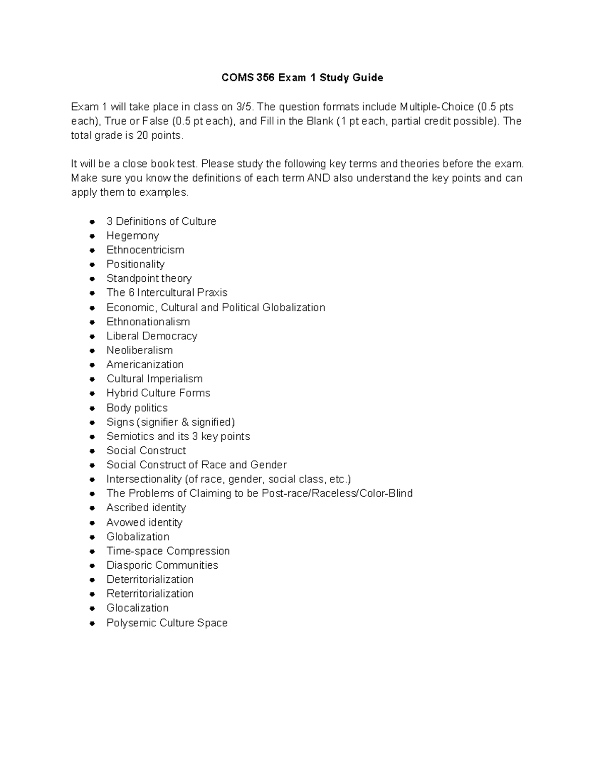 COMS 356 Exam 1 Study Guide - COMS 356 Exam 1 Study Guide Exam 1 will ...