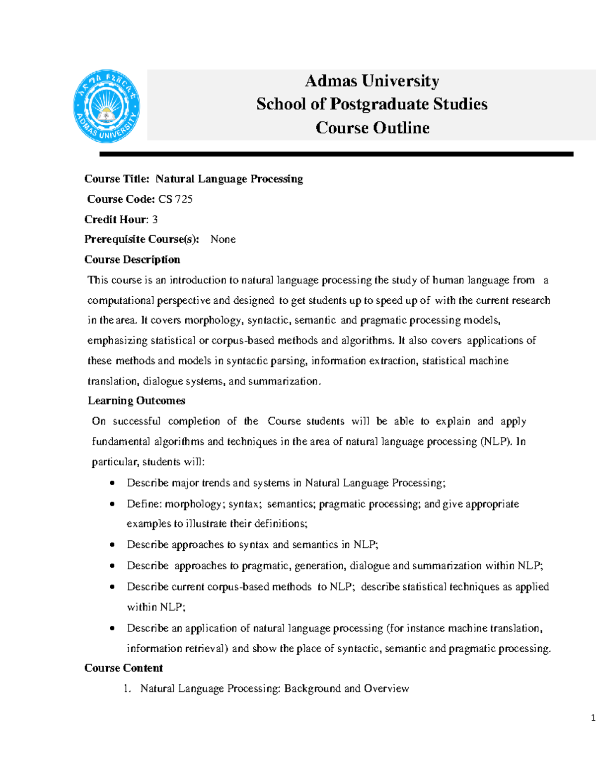 Natural Language Processing - 1 Admas University School of Postgraduate ...