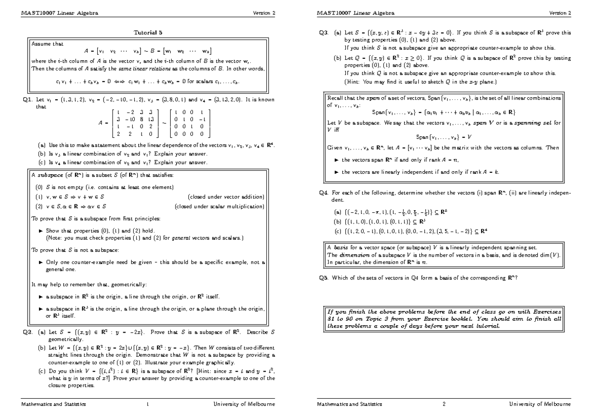Tutorial work - Week 5 - 7 questions - Linear Algebra Version 2 Assume that vk B w1 w2 wk ...