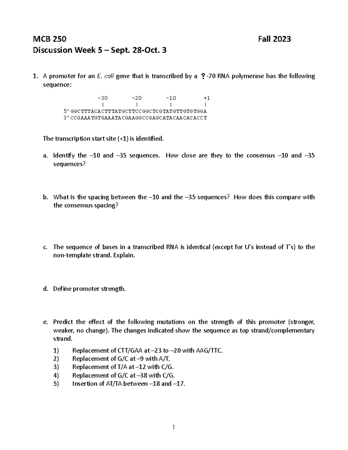 MCB 250 Week 5 disussion FA23 - MCB 250 Fall 2023 Discussion Week 5 – Sept. 28-Oct. 3 1. A ...