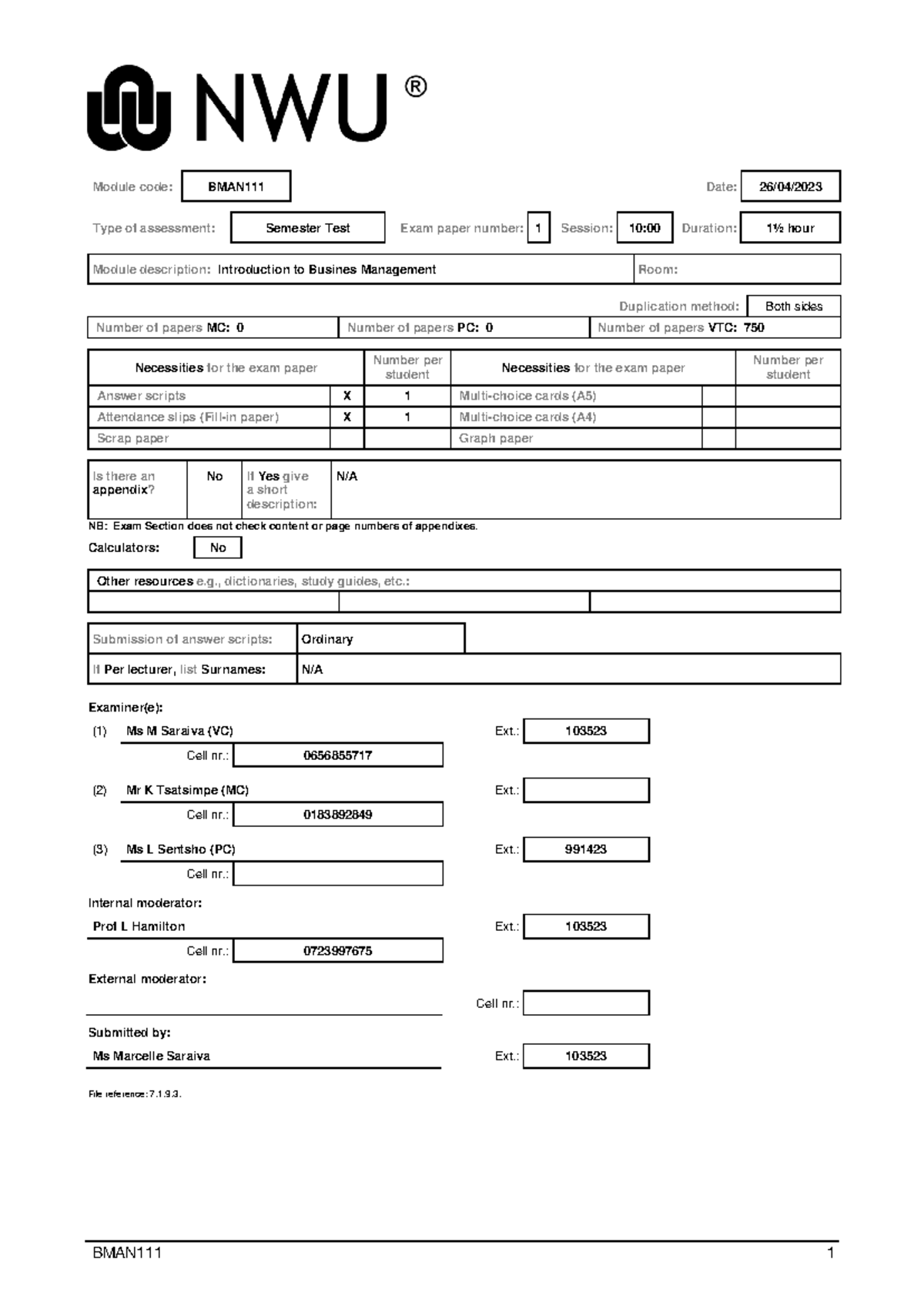 BMAN111 Semester+test 2023 MEMO Final - BMAN111 1 Module code: BMAN111 ...
