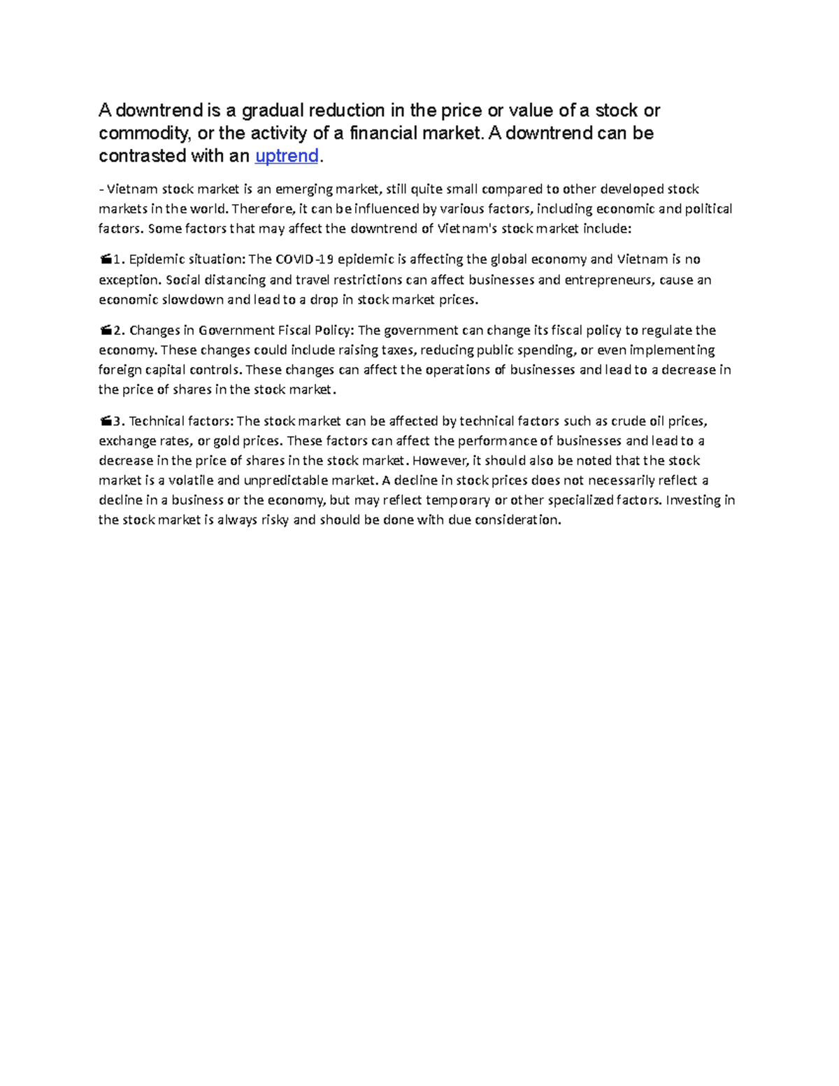 Đầu tư tài chính - Assigment for group - A downtrend is a gradual ...
