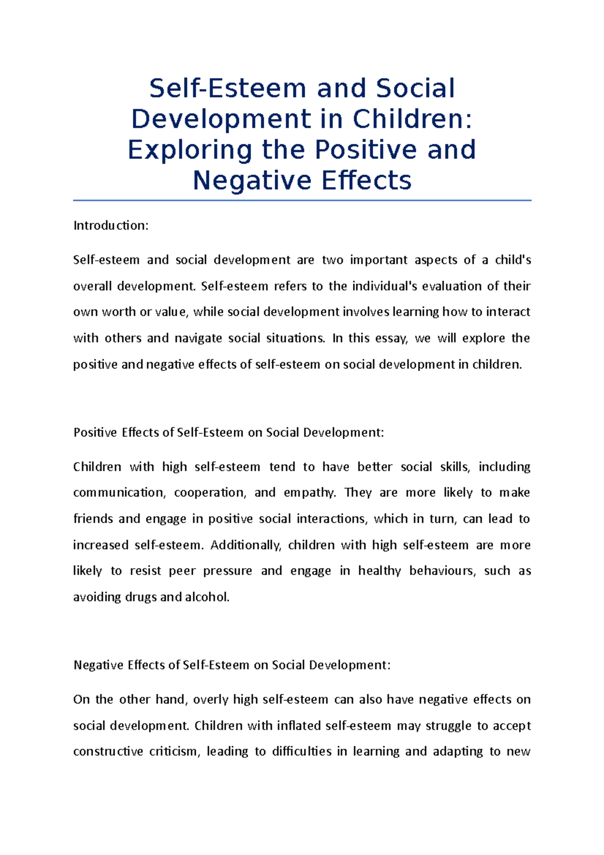 Self-Esteem and Social Development in Children, Exploring the Positive ...