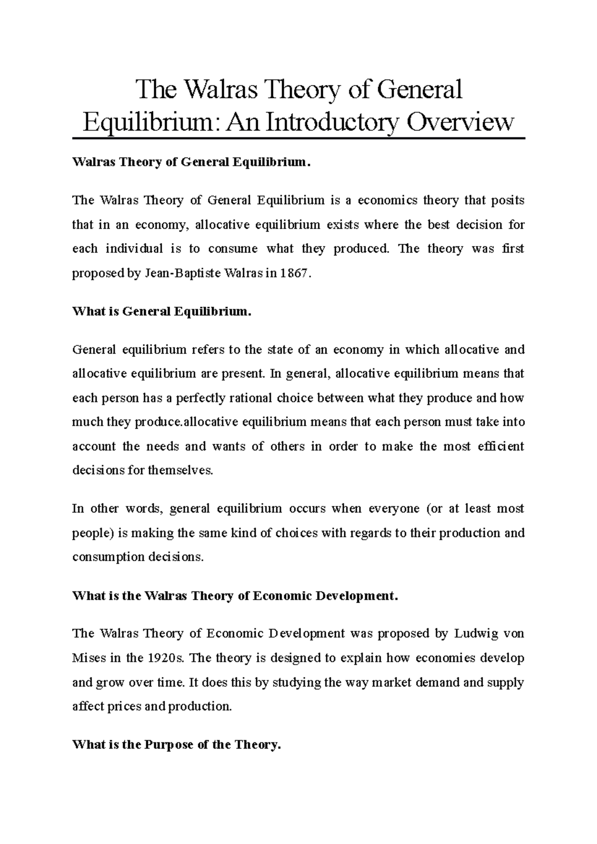 The Walras Theory of General Equilibrium An Introductory Overview - The ...