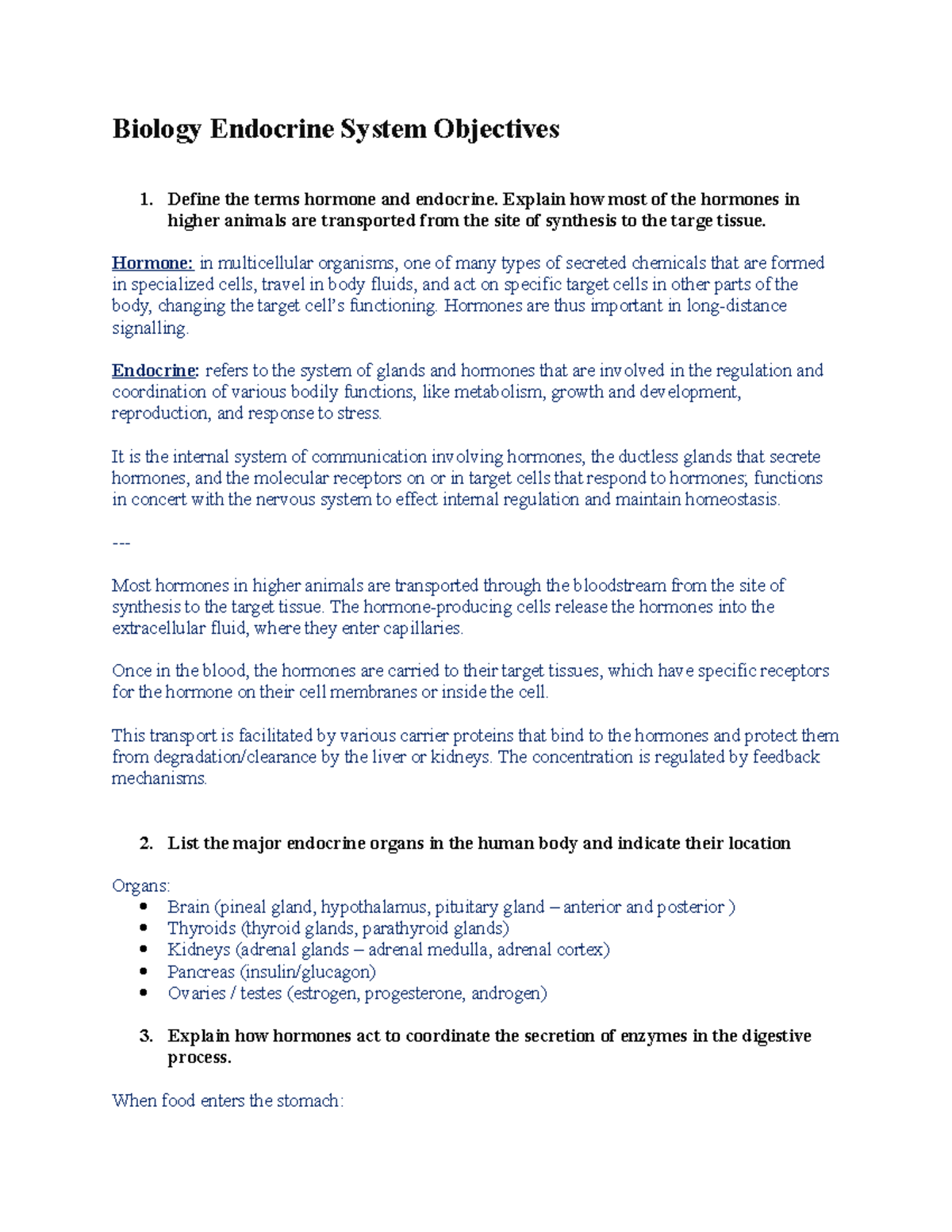 Biology Endocrine System Objectives - Biology Endocrine System ...