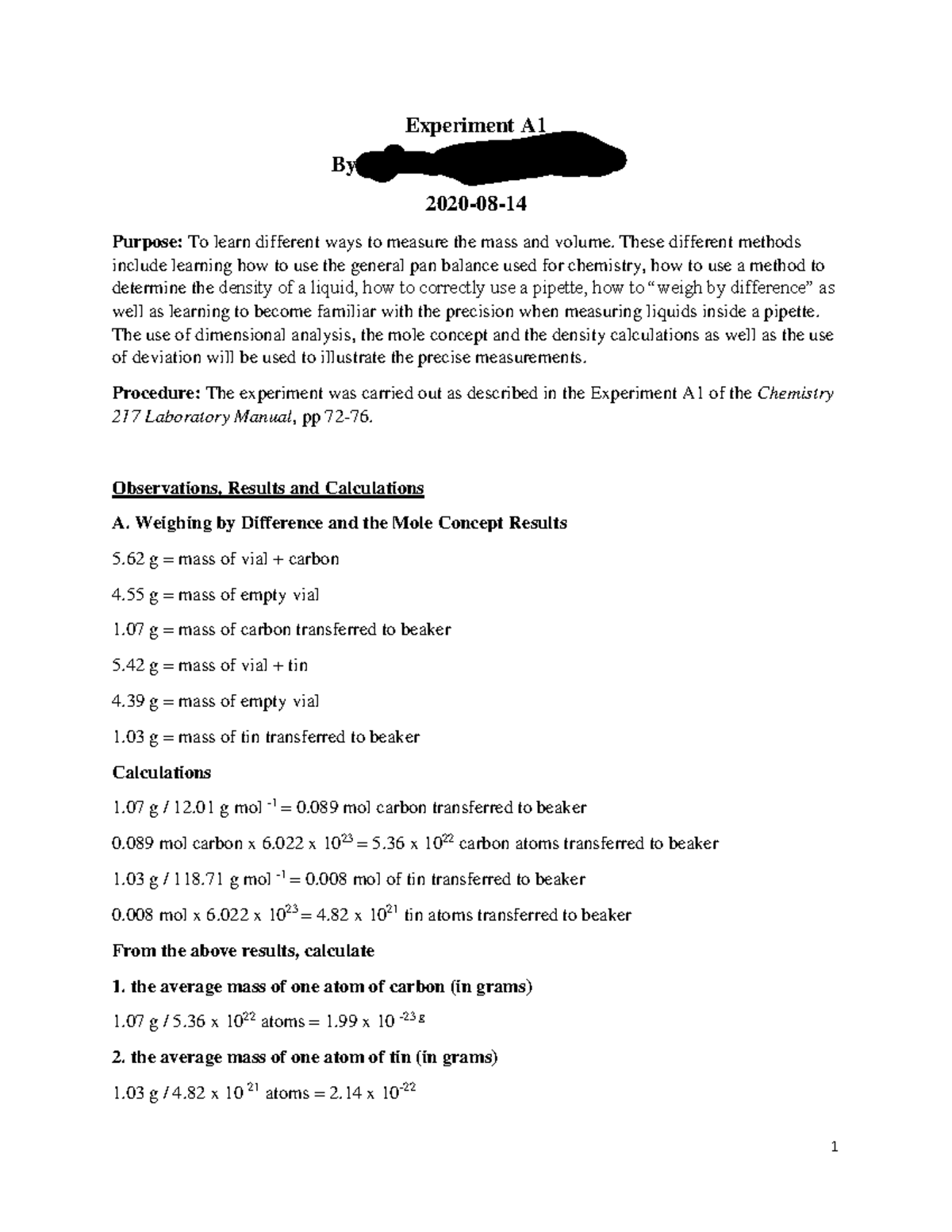 Experiment A1 - Chem 217 - Experiment A By: Amanda Strong, # 3479785 ...