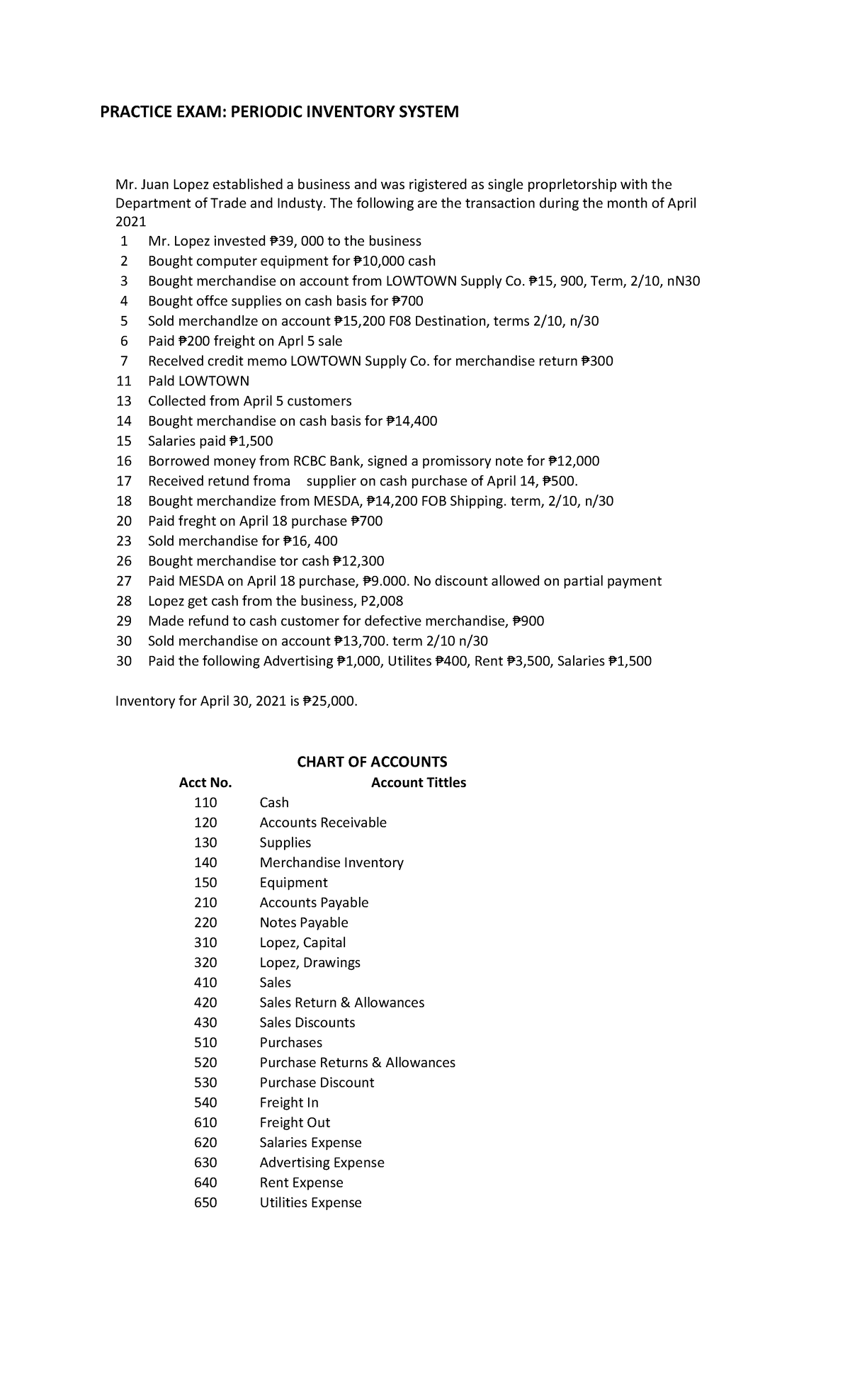 Practice EXAM - Periodic Inventory System - PRACTICE EXAM: PERIODIC ...